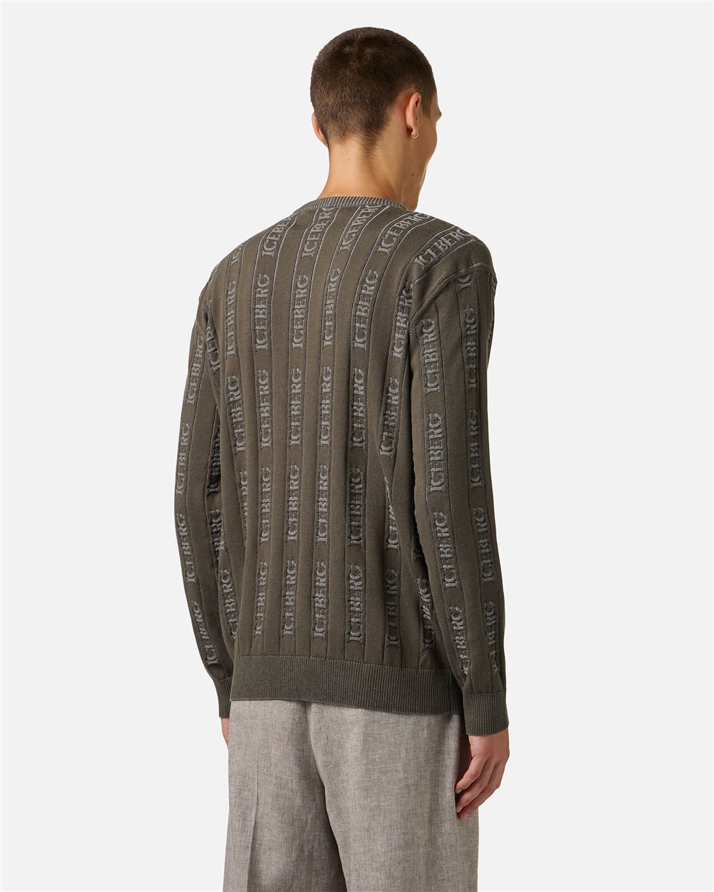 Military green cotton crew neck sweater with Iceberg logo | ICEBERG