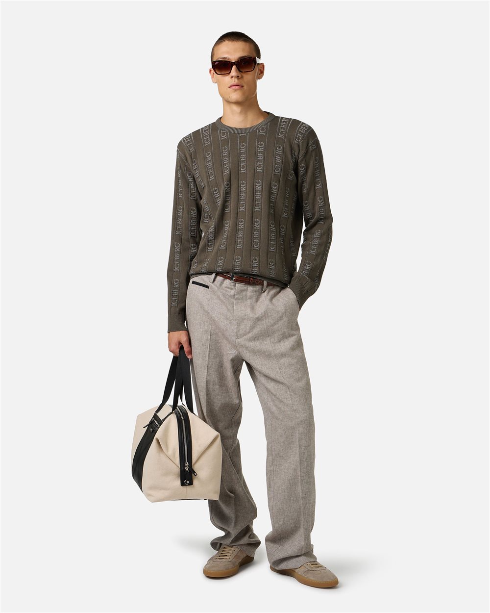 Military green cotton crew neck sweater with Iceberg logo | ICEBERG