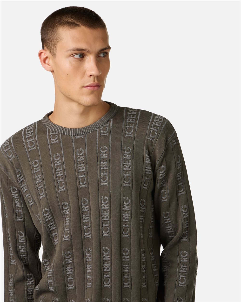 Military green cotton crew neck sweater with Iceberg logo | ICEBERG