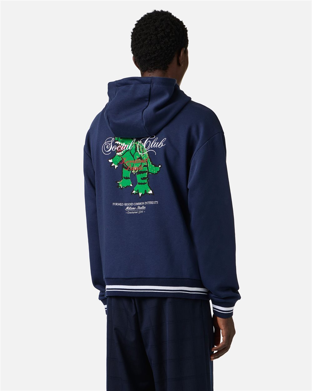 Blue regular fit cotton fleece hoodie with Dino Social Club print | ICEBERG