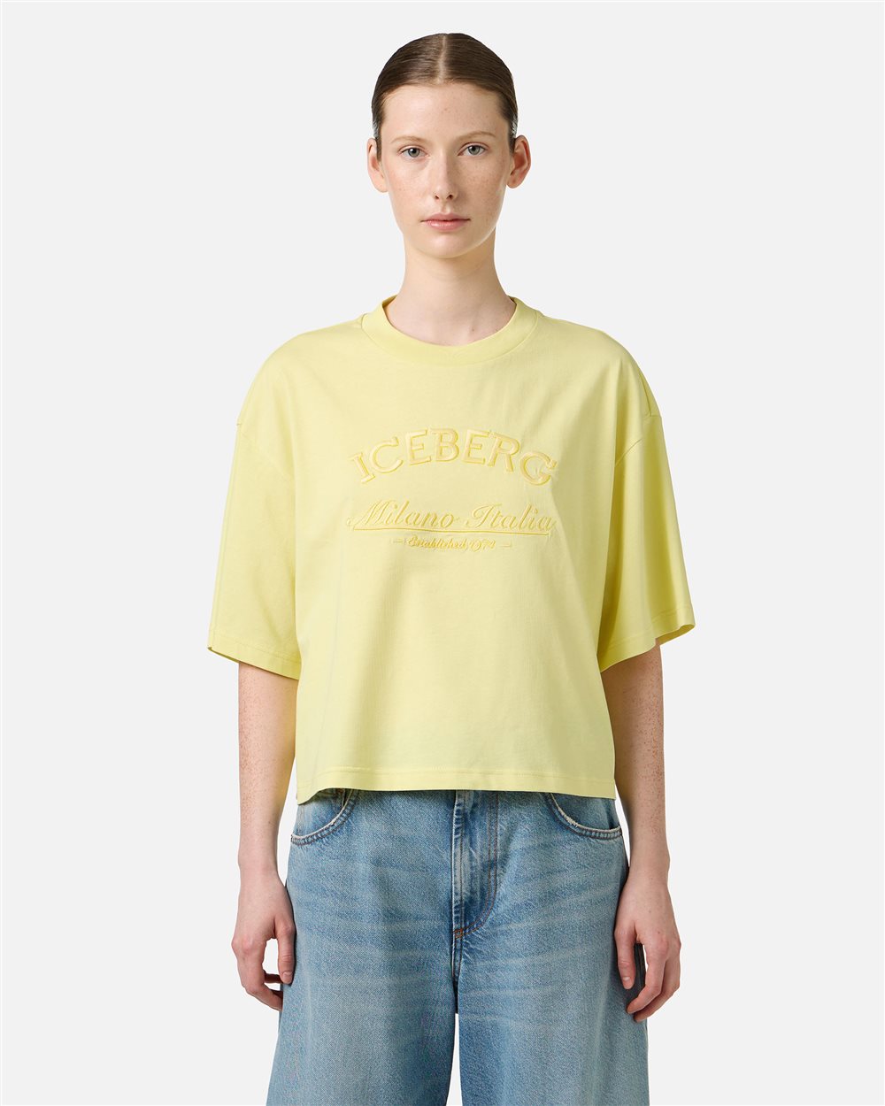 Yellow boxy fit T-shirt in sustainable cotton jersey with Iceberg ...