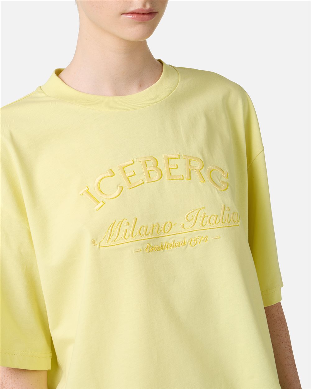 Yellow boxy fit T-shirt in sustainable cotton jersey with Iceberg ...