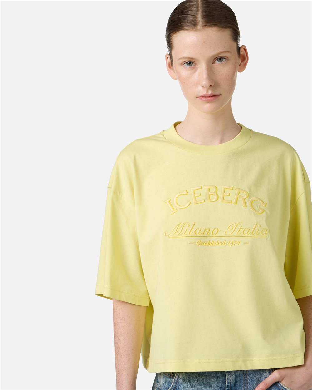 Yellow boxy fit T-shirt in sustainable cotton jersey with Iceberg ...