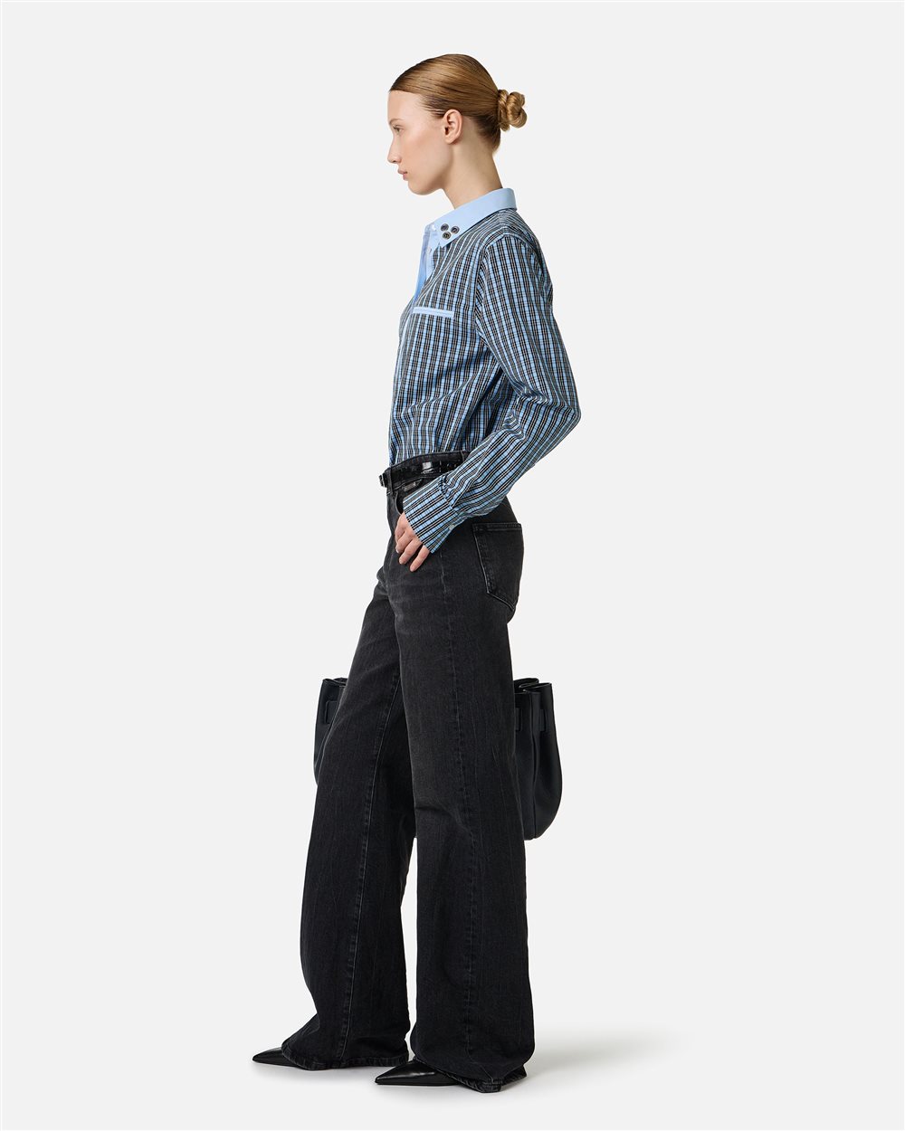 Long-sleeved, comfort fit light blue and black check poplin shirt ...