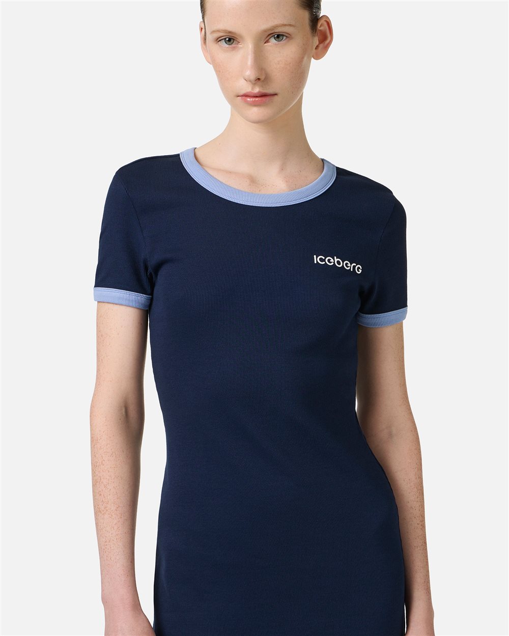 Blue ribbed jersey slim fit dress with Iceberg print | ICEBERG