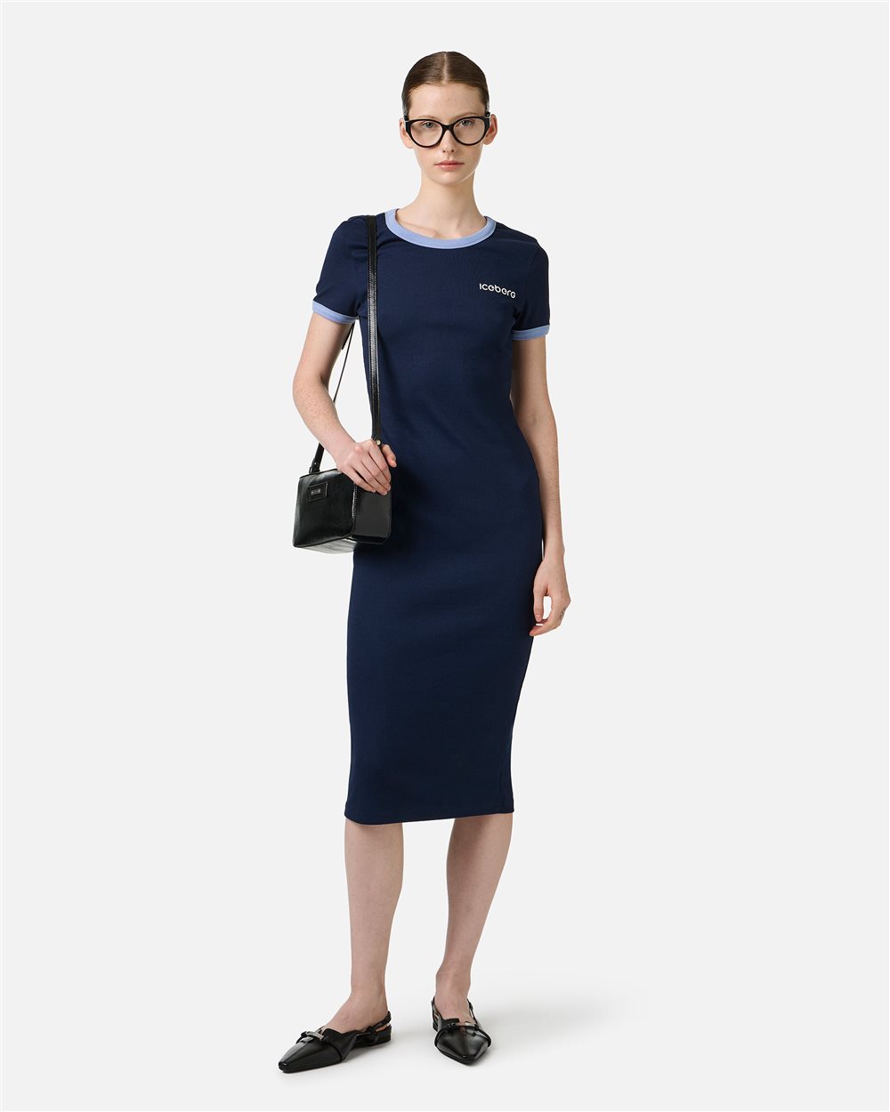Blue ribbed jersey slim fit dress with Iceberg print | ICEBERG