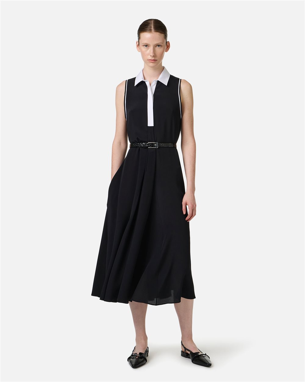 Black, relaxed fit sleeveless dress in silk-blend crepe de chine | ICEBERG