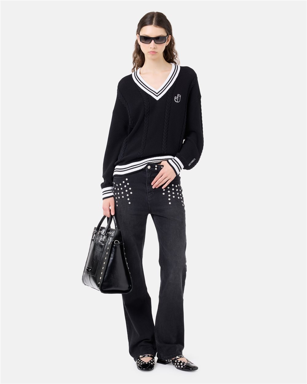 Schwarzer Pullover aus reiner Baumwolle mit Piqué-Struktur und ...