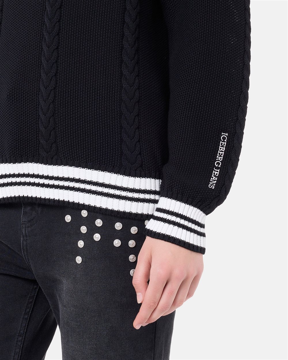 Schwarzer Pullover aus reiner Baumwolle mit Piqué-Struktur und ...
