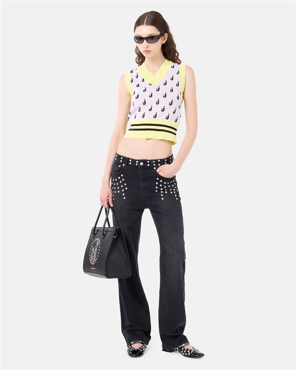 Pink and yellow, pure cotton jacquard V-neck vest with a checkerboard ...