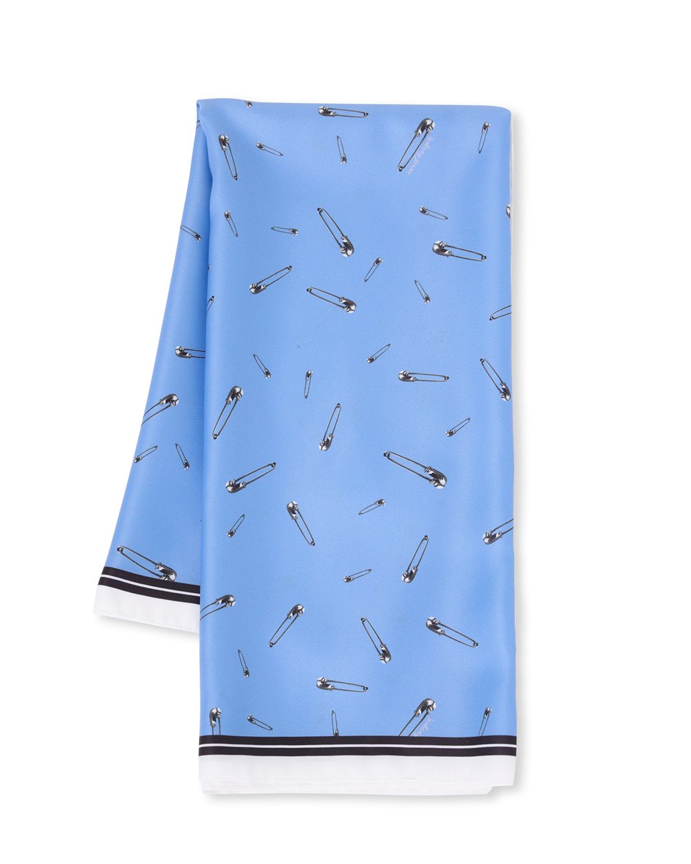 Light blue and black polyester twill scarf with safety pins print ...