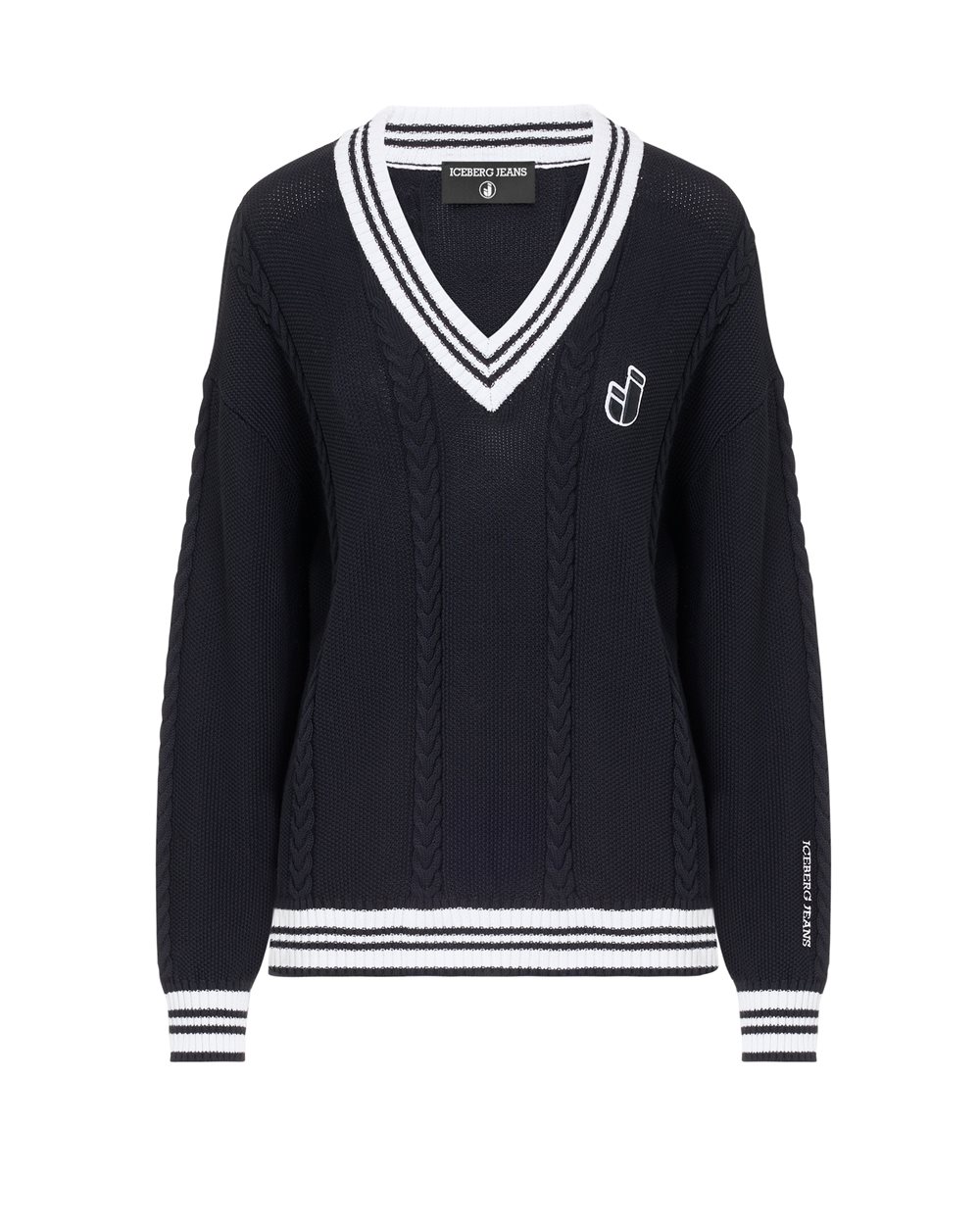 Schwarzer Pullover aus reiner Baumwolle mit Piqué-Struktur und ...